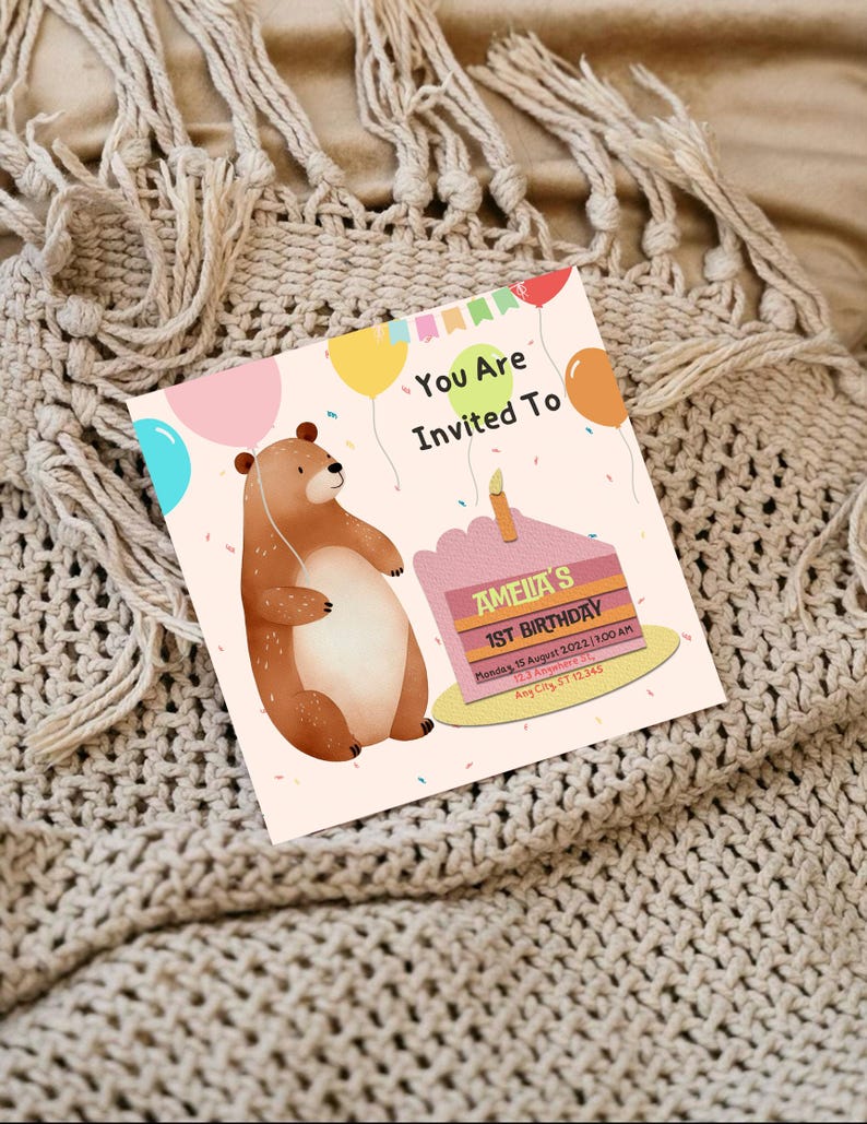 Editable Bear Theme Birthday Invitation, Instant Digital Download ...