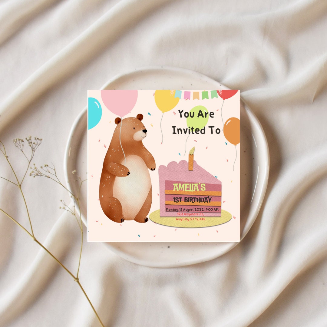 Editable Bear Theme Birthday Invitation, Instant Digital Download ...