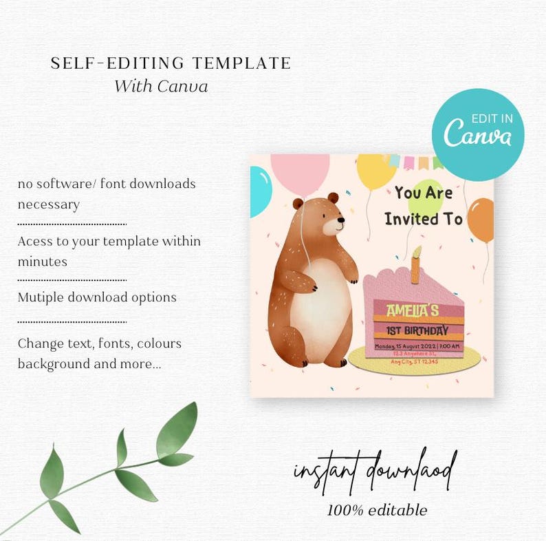 Editable Bear Theme Birthday Invitation, Instant Digital Download ...