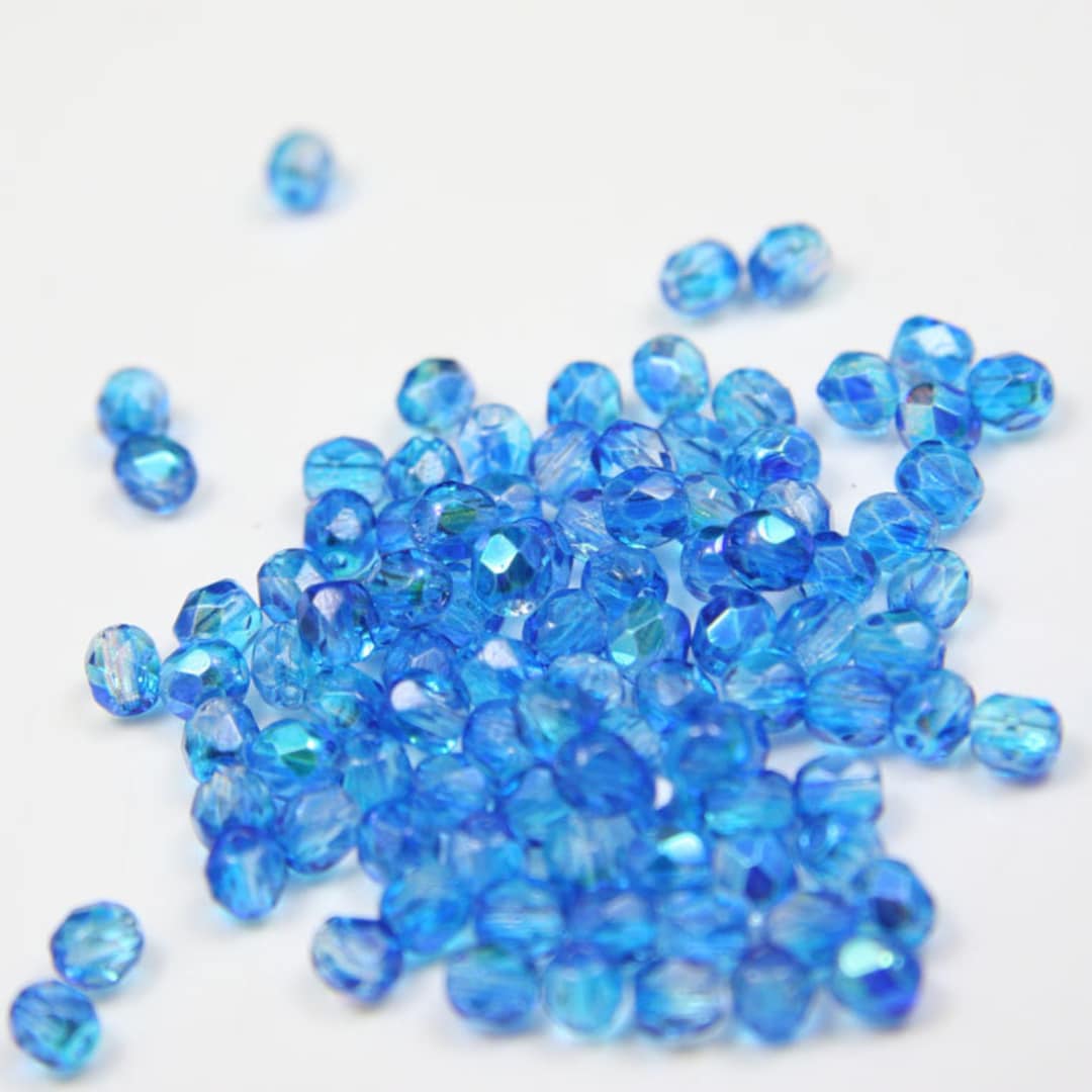 50 Pieces Czech Fire Polish Glass Faceted Round-crystal Capri Blue ...