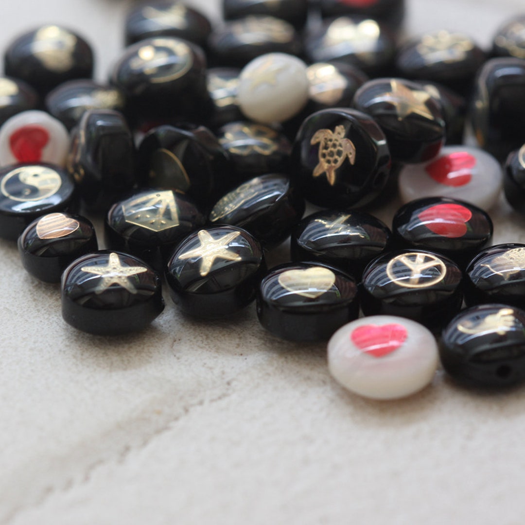 2 Pieces Natural Shell With Varies Gold Signs and Symbols Bead- Puff ...