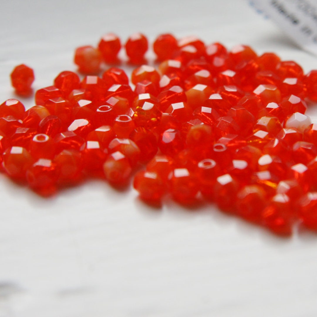 50 Pieces Czech Fire Polish Glass Faceted Round-tr. Red W/ White Core ...