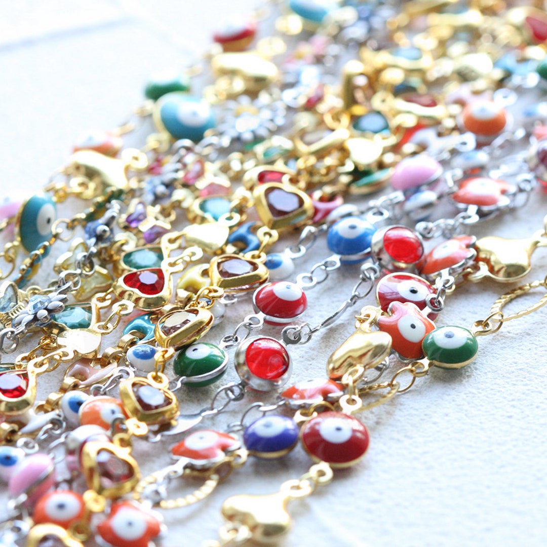 One Meter Hand Enamelled Chain - Evil Eye - Butterfly - Heart - Flower ...