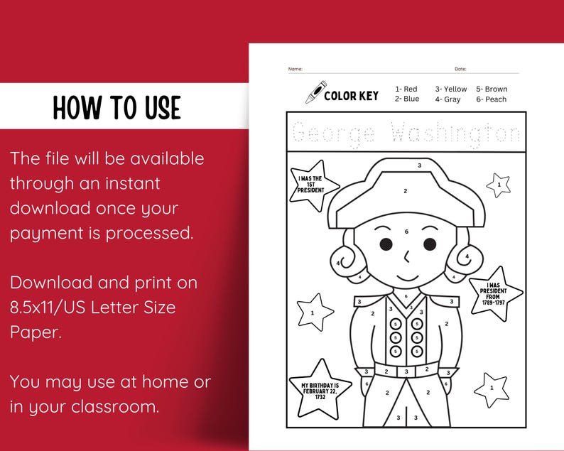 George Washington Coloring Sheet, Presidents' Day Color by Number ...