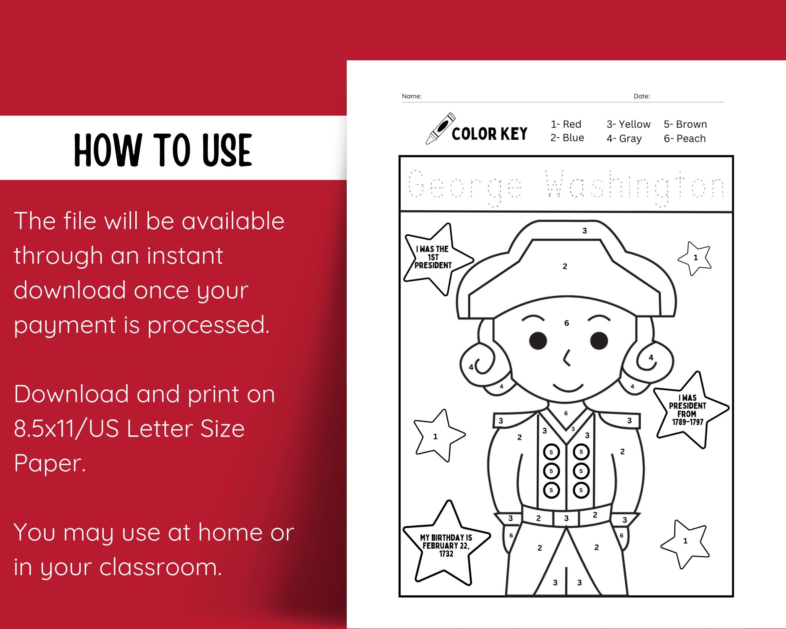 George Washington Coloring Sheet, Presidents' Day Color by Number ...
