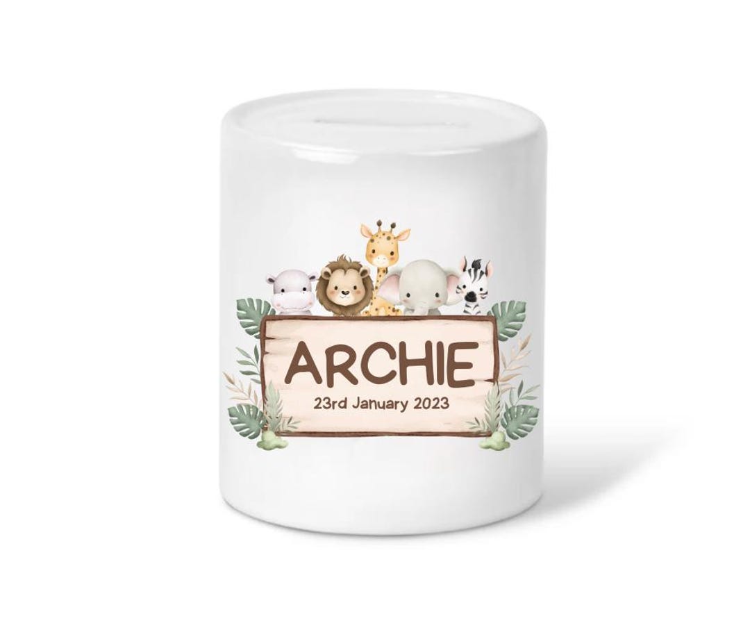 Personalised Ceramic Money Box, Cute Zoo Animals, Safari Theme Nursery ...