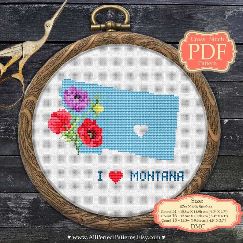 Love Montana Flower Cross Stitch PDF Pattern USA State - Etsy