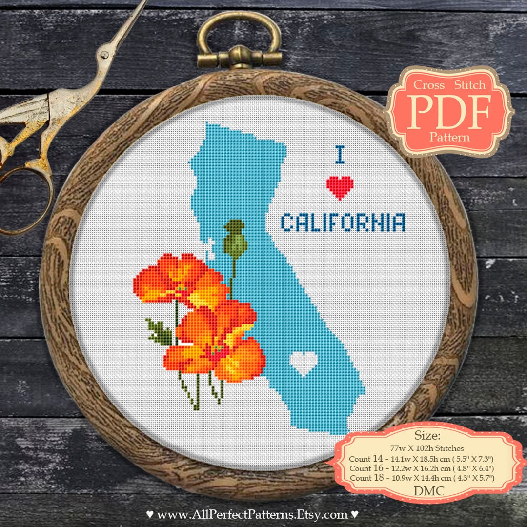 Love California - Cross Stitch PDF Pattern - Poppy Flower - USA States ...