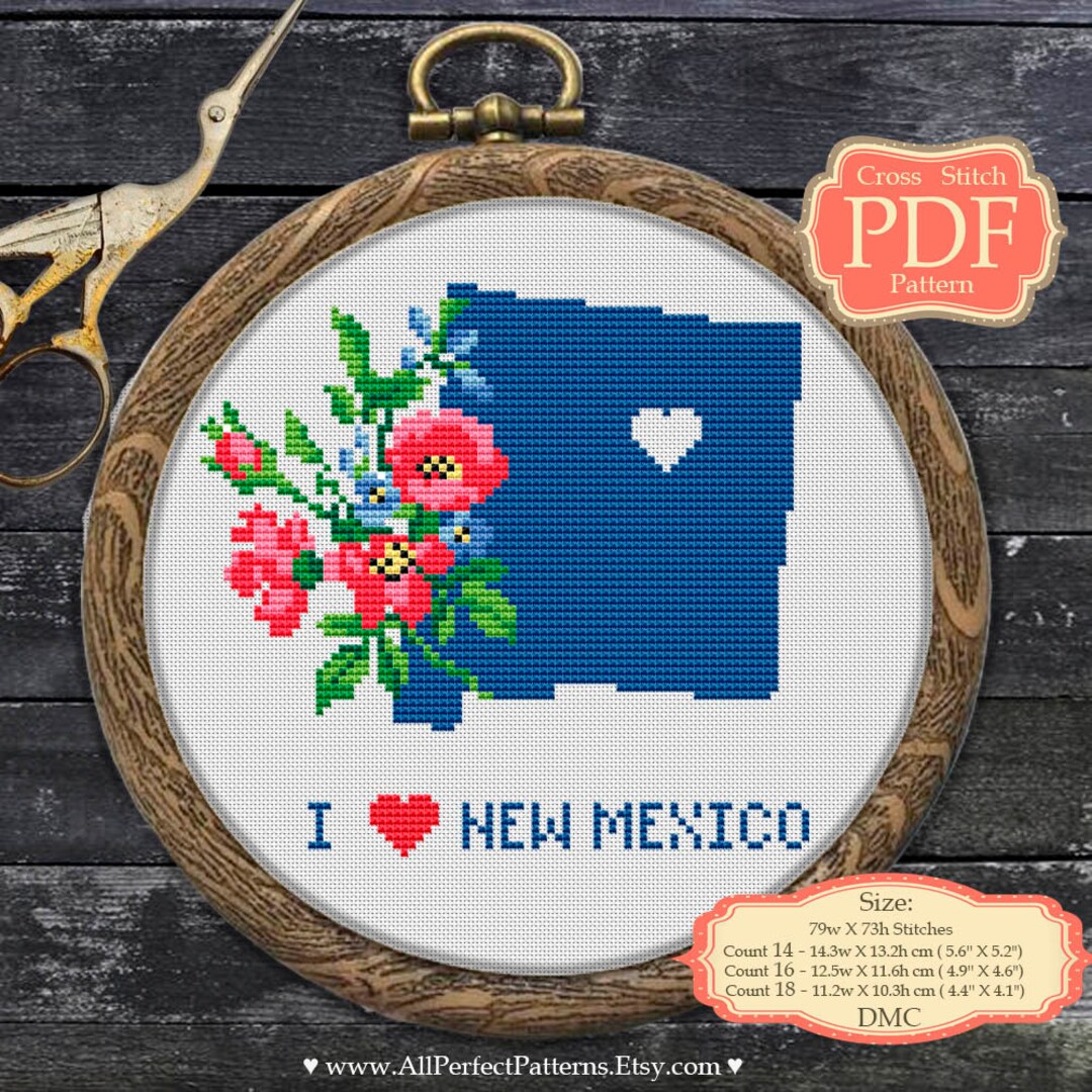 Love New Mexico - Flower - Cross Stitch PDF Pattern - USA State Map ...