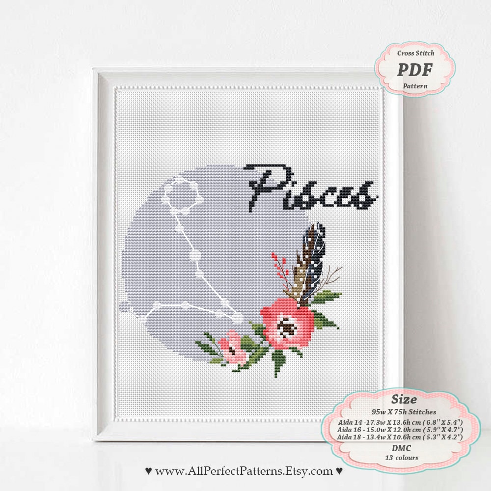 Pisces Zodiac Sign With Flowers Cross Stitch PDF Pattern | Etsy