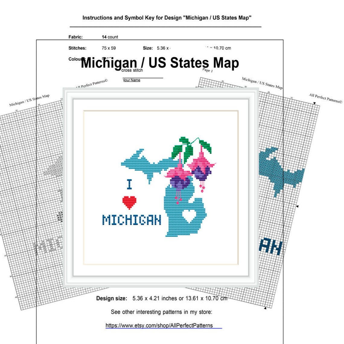 Love Michigan - Flower - Cross Stitch PDF Pattern - USA State Map ...