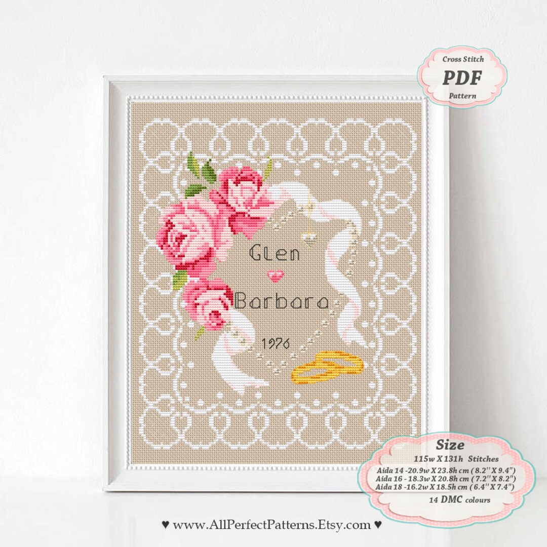 Wedding Records Pearls and Roses on Delicate Lace - Cross Stitch PDF ...