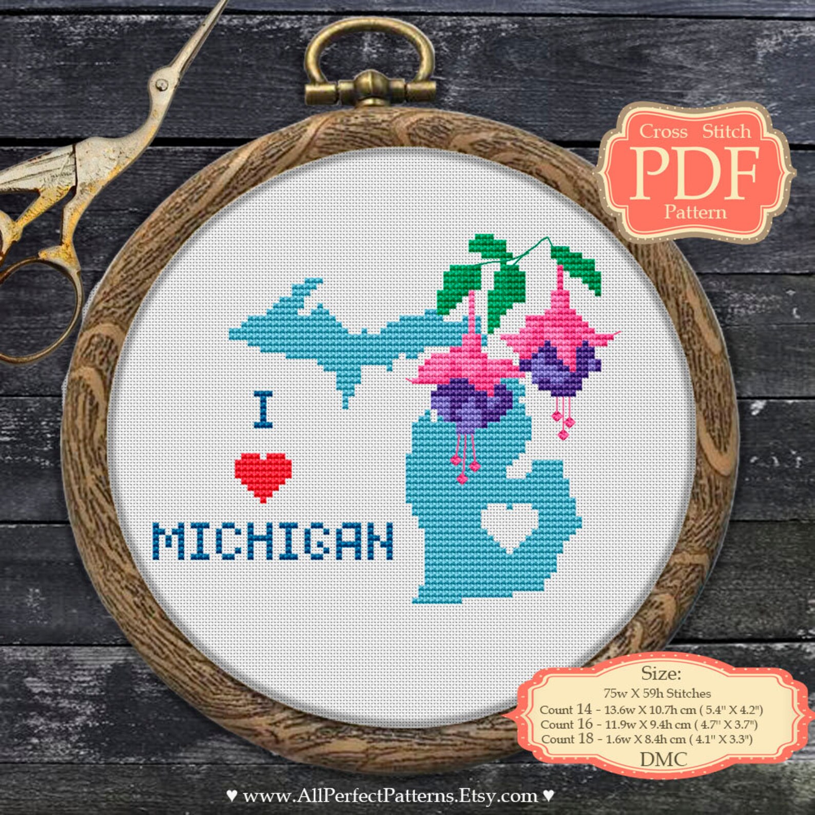 Love Michigan - Flower - Cross Stitch PDF Pattern - USA State Map ...