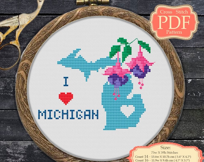 Love Michigan - Flower - Cross Stitch PDF Pattern - USA State Map ...