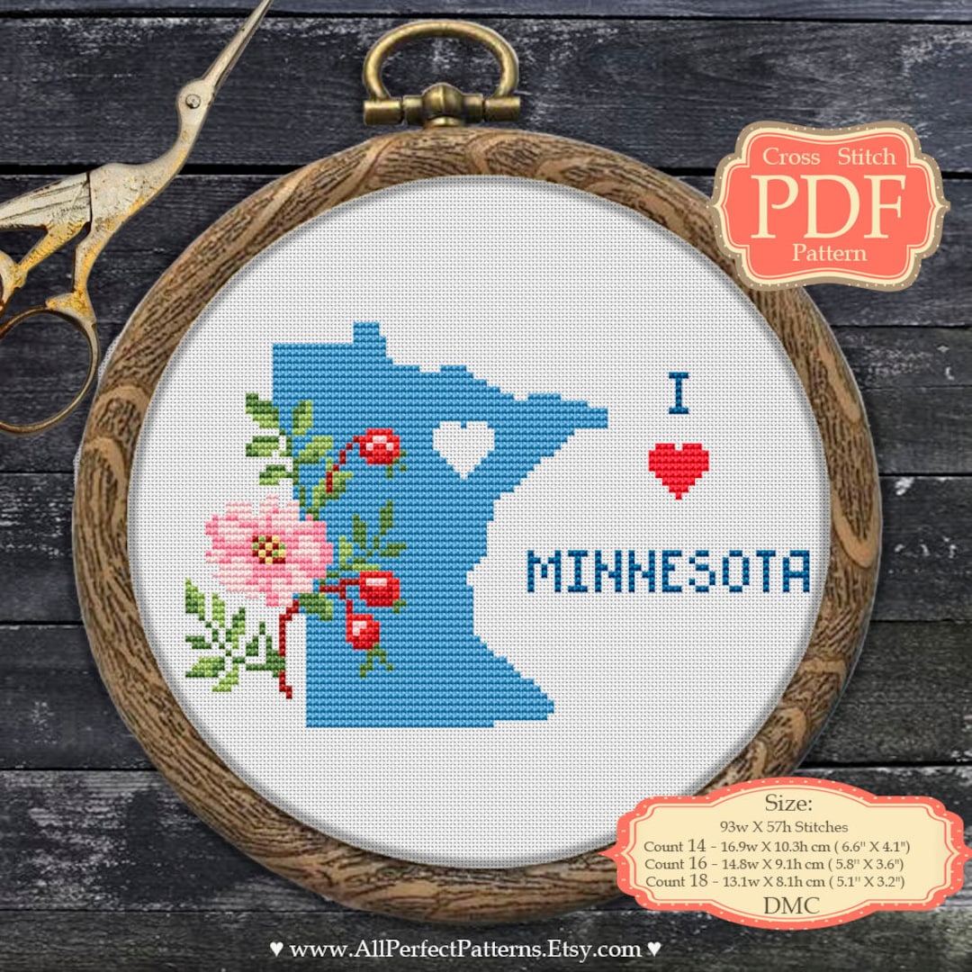 Love Minnesota - Flower - Cross Stitch PDF Pattern - USA State Map ...