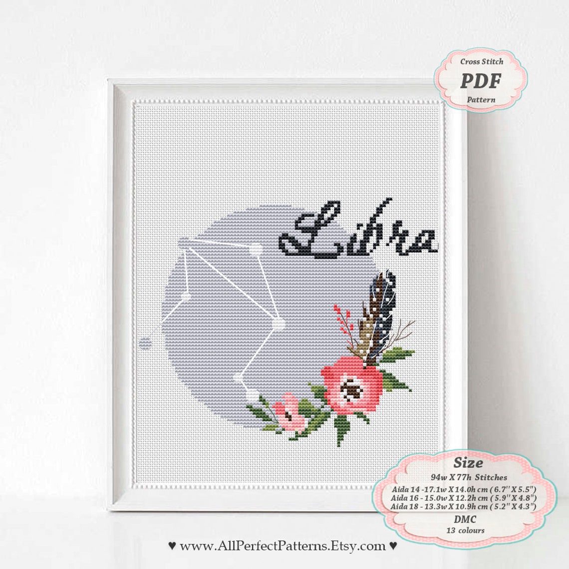 Libra Zodiac Sign With Flowers Cross Stitch PDF Pattern - Etsy