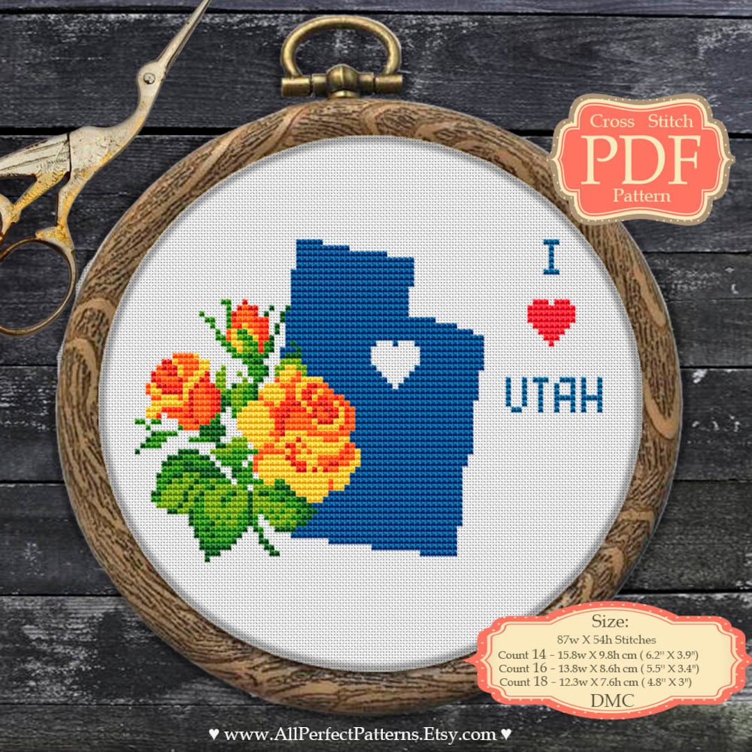 Love Utah Cross Stitch Roses PDF Pattern USA State Map Xstitch Modern ...