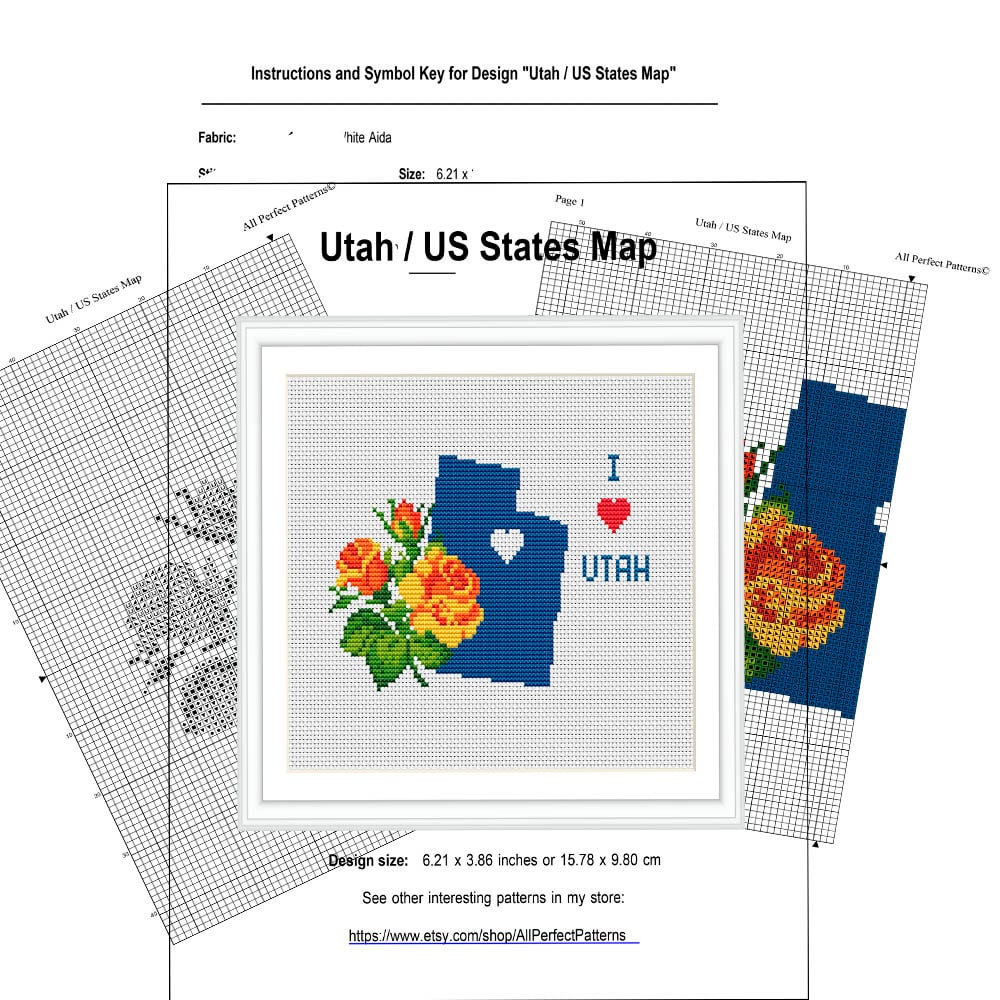 Love Utah Cross Stitch Roses PDF Pattern USA State Map | Etsy