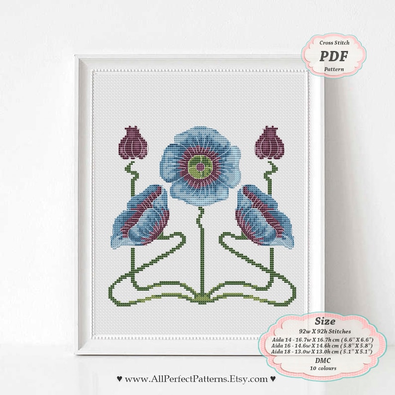 Art Nouveau Blue Flax Flower Cross Stitch PDF Pattern - Etsy