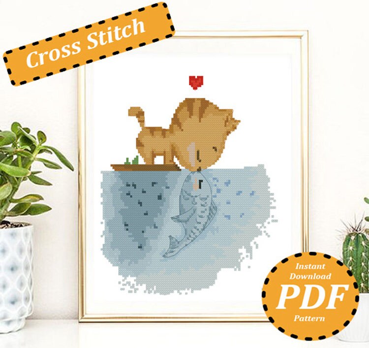Cat and Fish in Love / Cross Stitch Pattern / Instant Download PDF - Etsy