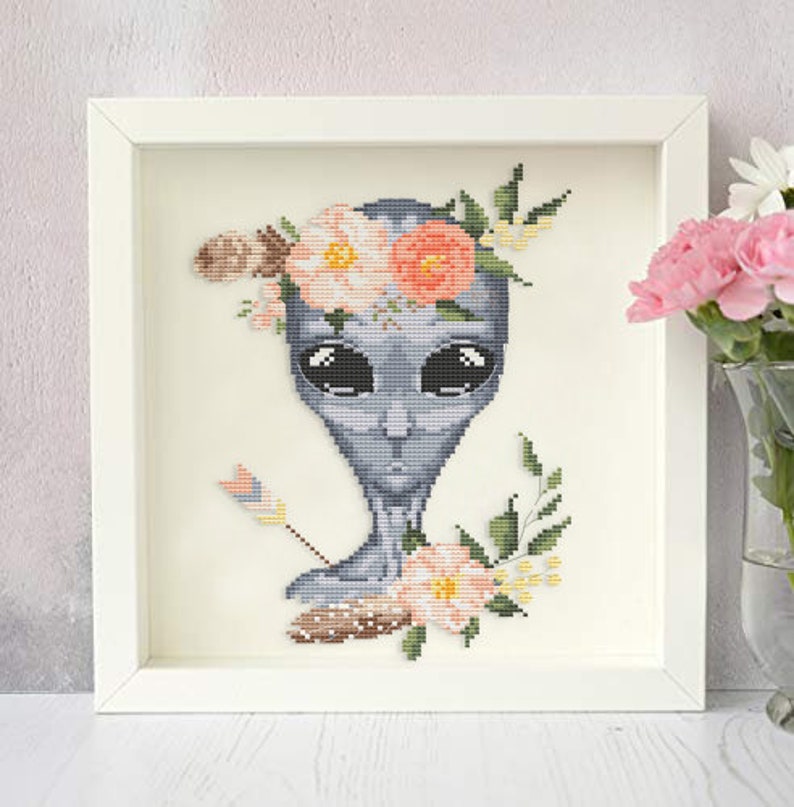 Alien in Boho Flower Wreath Cross Stitch PDF Pattern Modern - Etsy