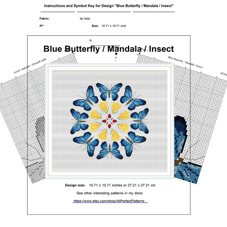 Cross stitch Embroidery PDF Pattern / Blue Butterfly / Mandala | Etsy