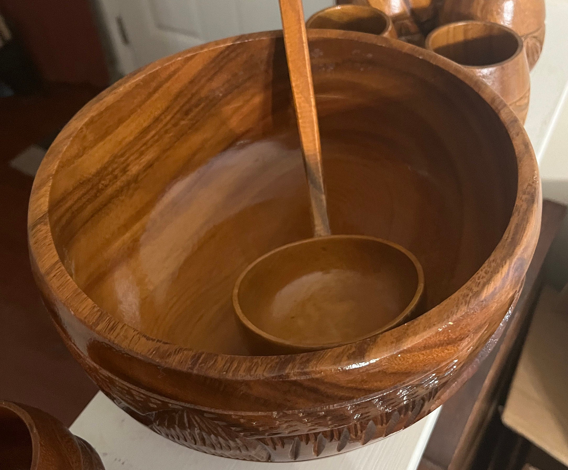 Vintage Carved Wood Punch Bowl Set - Etsy