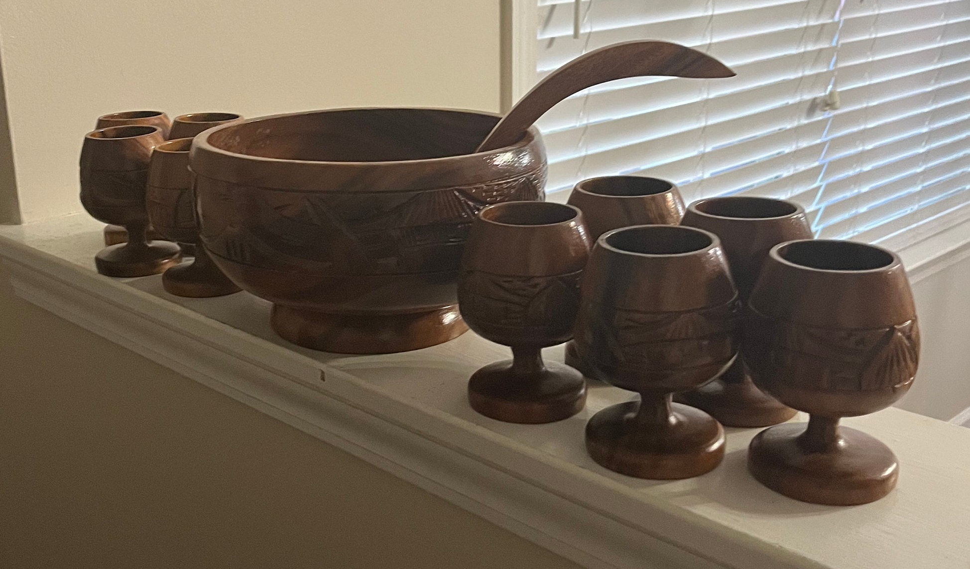 Vintage Carved Wood Punch Bowl Set - Etsy