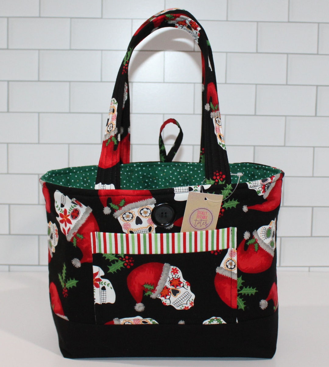 Santa Skull Tote Bag, Handmade Cotton Christmas Carryall - Etsy
