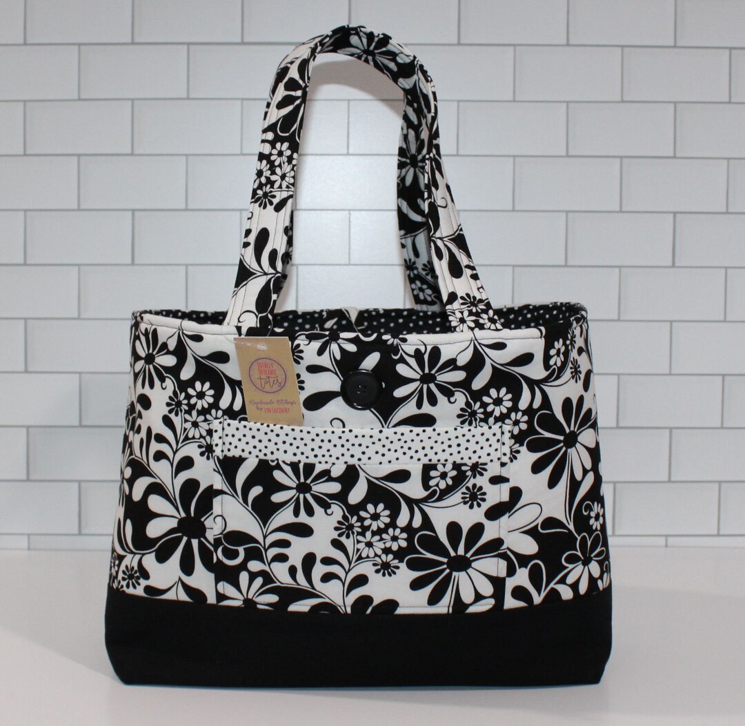 Black and White Floral MEDIUM Tote Bag, Everyday Tote Bag, Bags ...