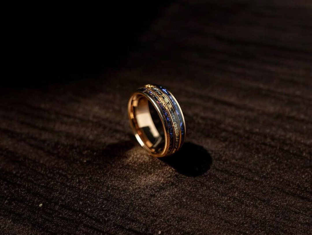 Sandstone Nebula Inlay Gold Tungsten Ring | Gold & Meteorite Wedding ...