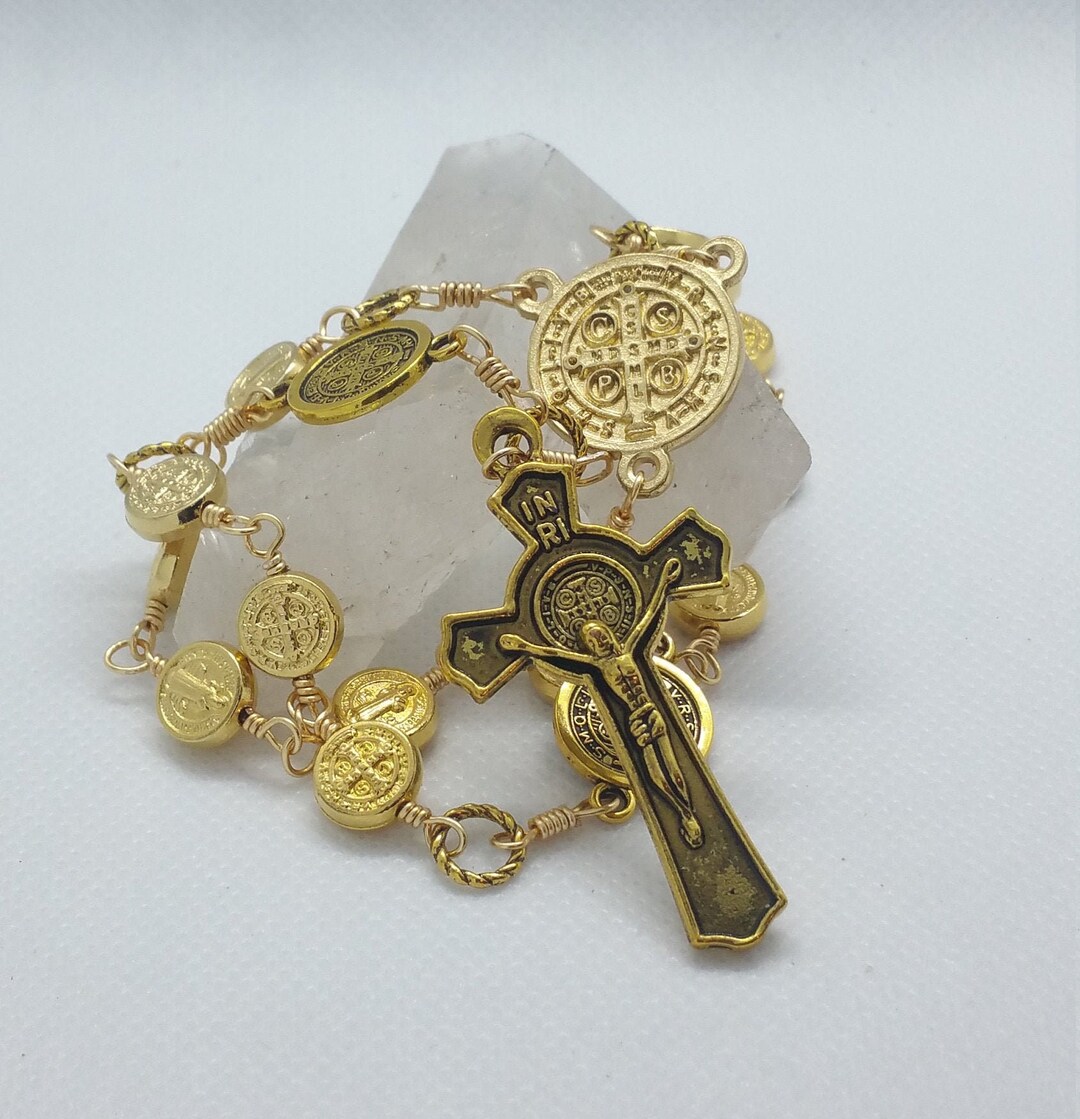 Gold St Benedict Pocket Rosary, Unbreakable Rosary, Exorcism Medal ...