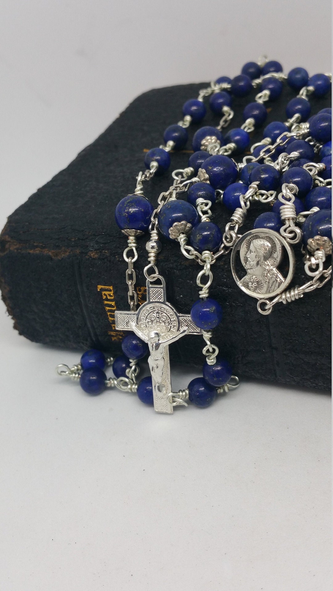 Sterling Silver with Lapis,Saint Benedict Rosary, Exorcism Medal, Saint ...