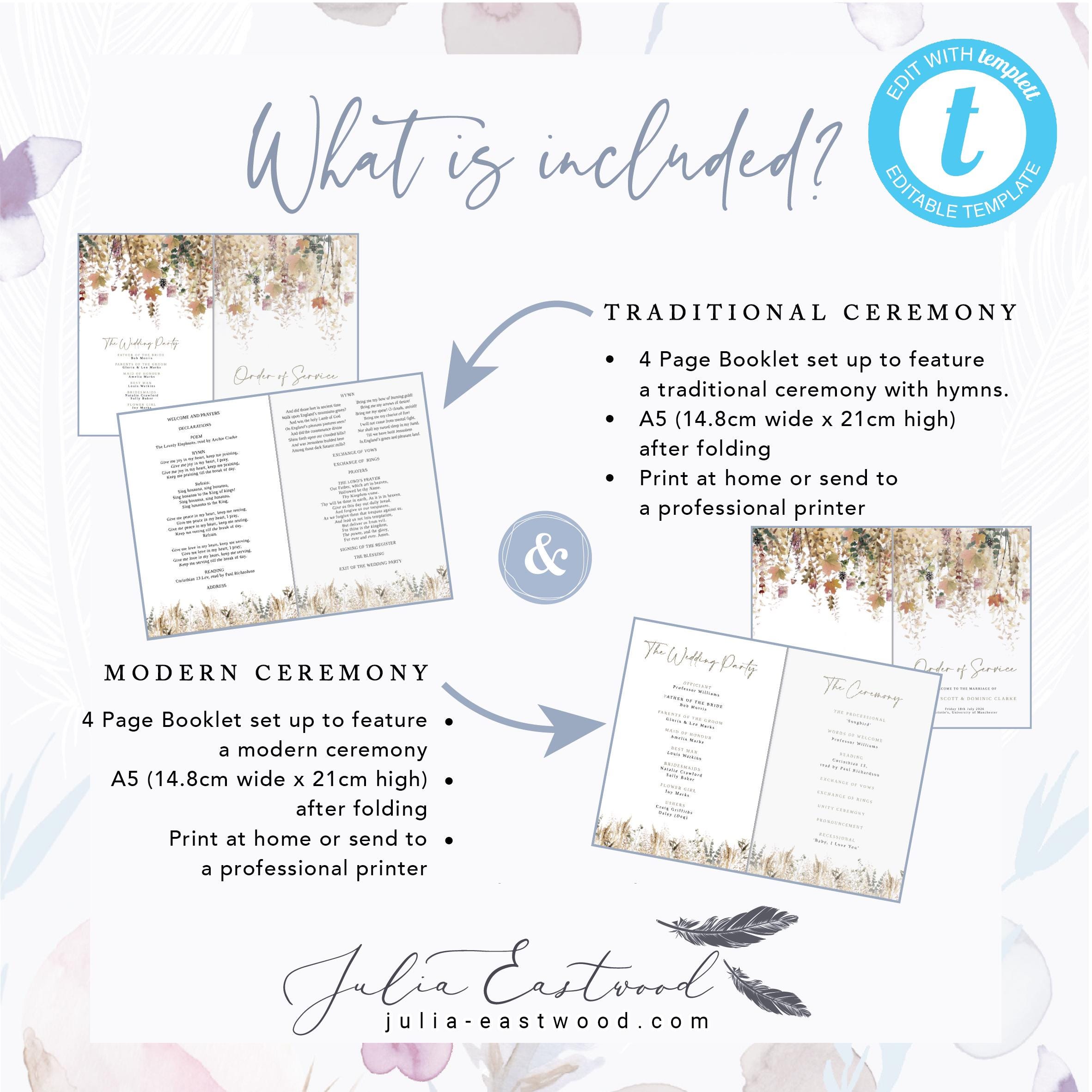 Wedding Order of Service Template, Editable Order of Ceremony, Digital ...