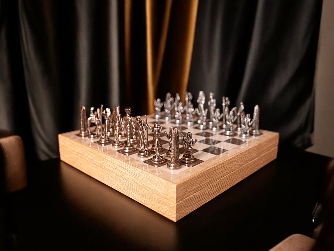Metal Egyptian Chess Set With Rustic Walnut Pattern MDF Board and ...