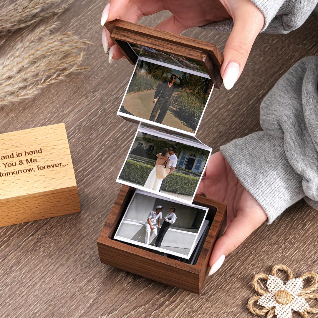 Personalized Wood Photo Box, Anniversary Keepsake Gift for Her, Pull ...