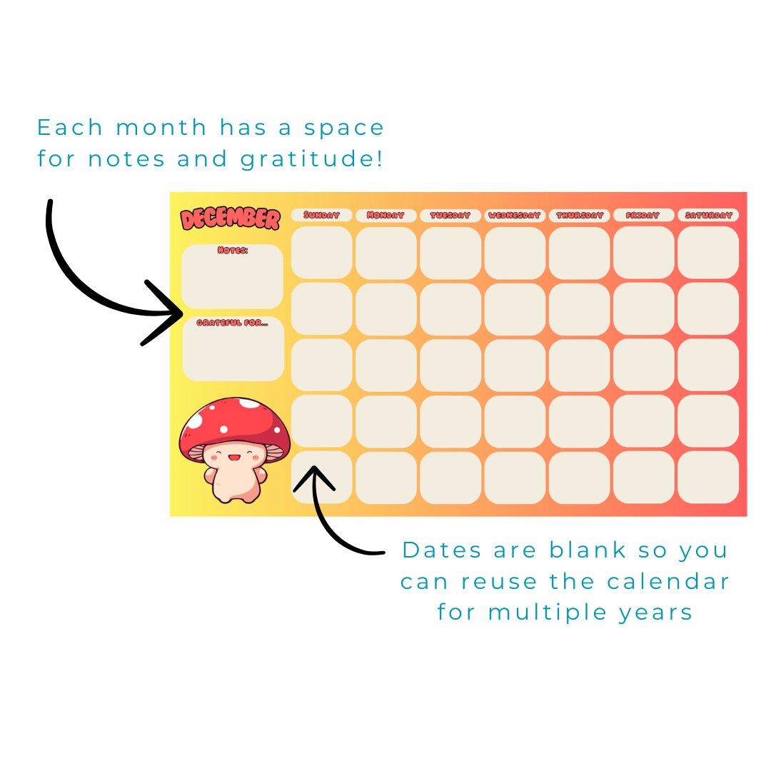 Printable Monthly Blank Calendar-mushroom Full Colour - Etsy