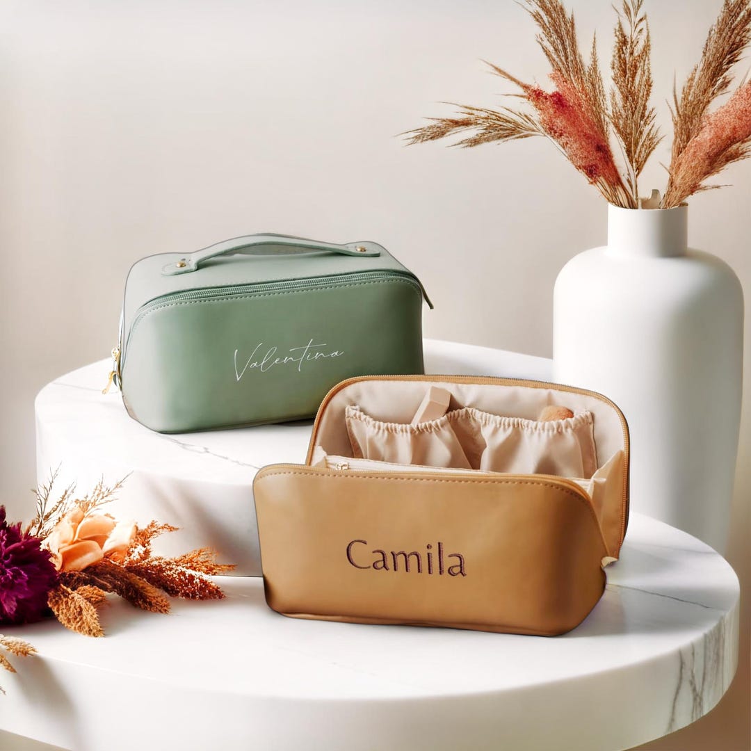 Personalized Leather Makeup Bag With Embroidered Name Large Custom ...