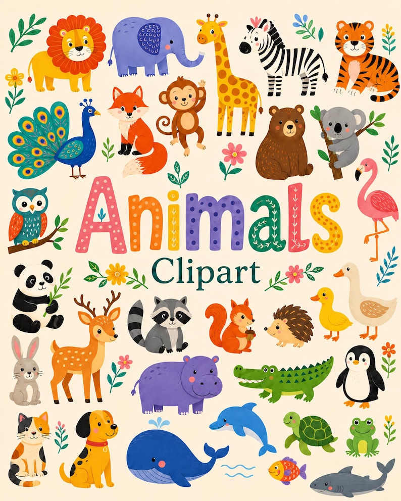 Cute Animals Clipart Bundle, Kids Animal Illustrations, High-res PNG ...