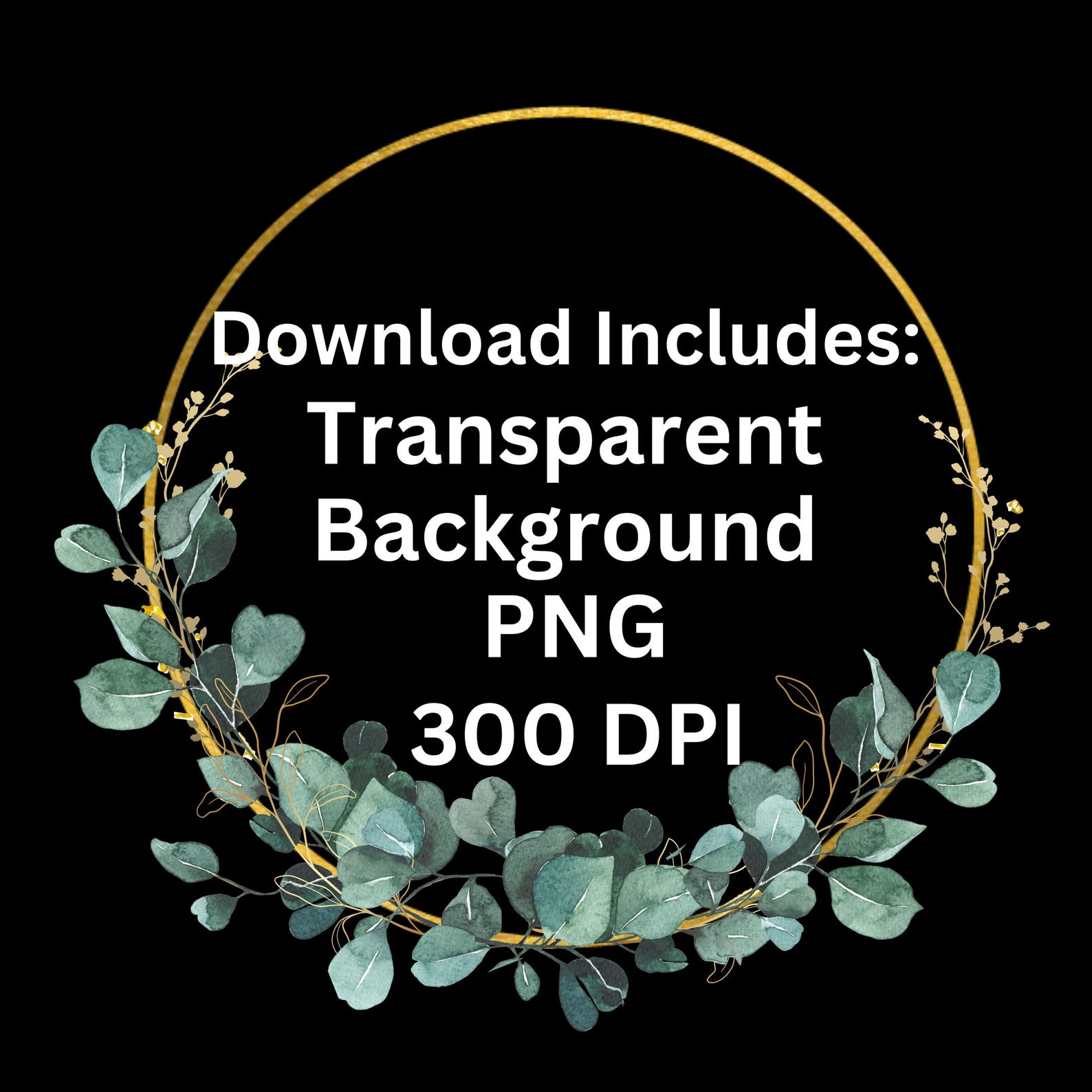 Eucalyptus and Gold Wreath Clipart: Watercolor Greenery Frame (digital ...