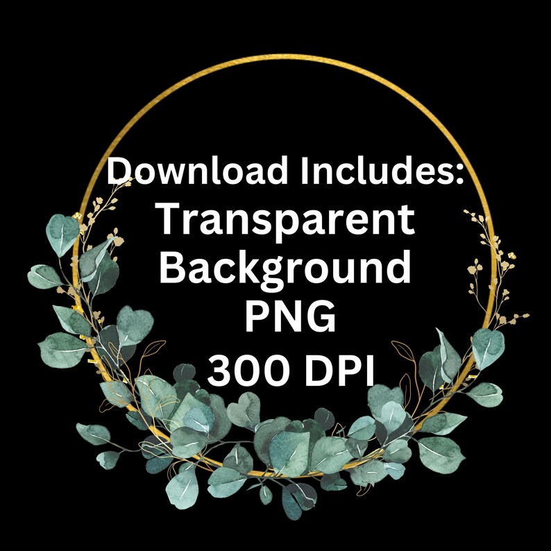 Eucalyptus and Gold Wreath Clipart: Watercolor Greenery Frame (digital ...