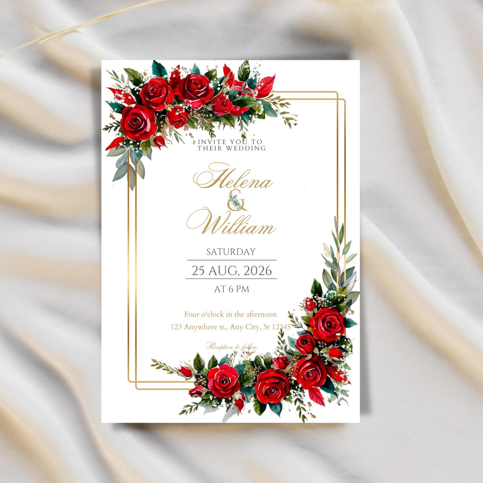 Red Roses and Gold Frame Eucalyptus Clipart, Flower Wedding Clipart ...