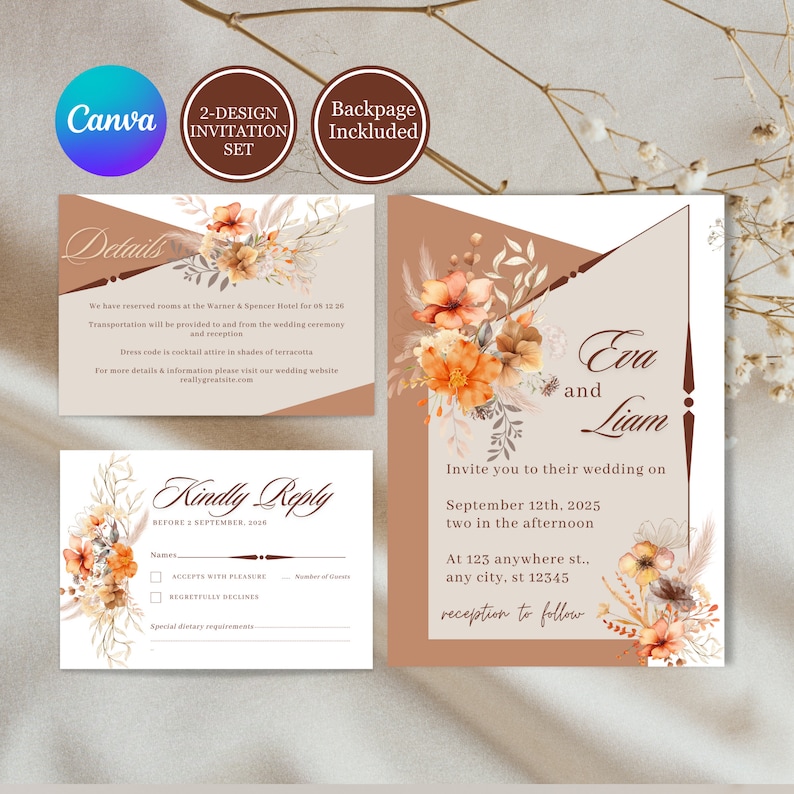Boho Fall Wedding Invitation Suite Template, Printable Autumn Invite ...