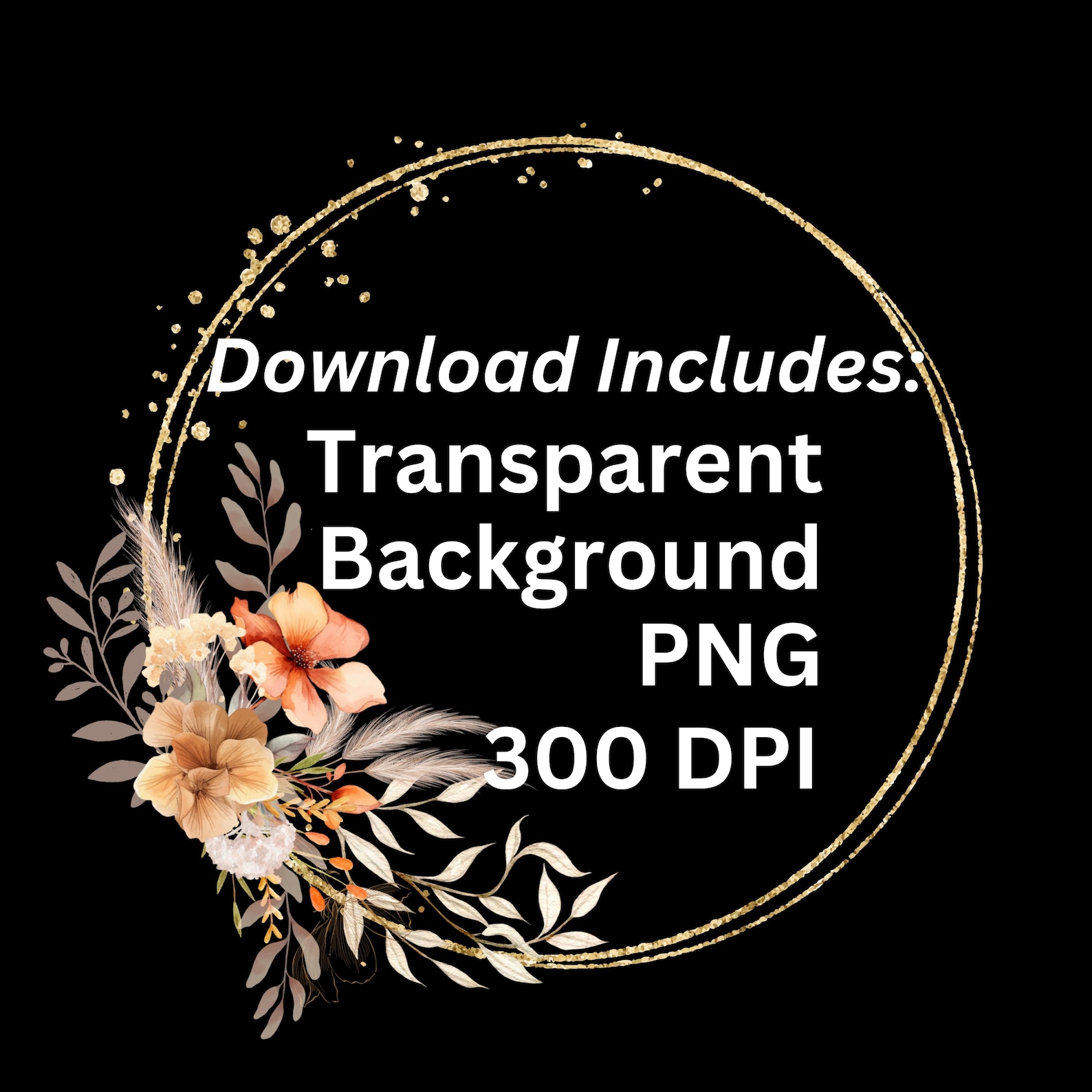 Fall Flowers and Gold Wreath Clipart, Autumn Floral Watercolor Frame ...