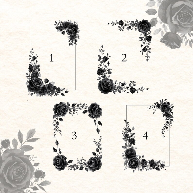 Gothic Black Roses Frame Clipart, Watercolor Dark Floral Border ...