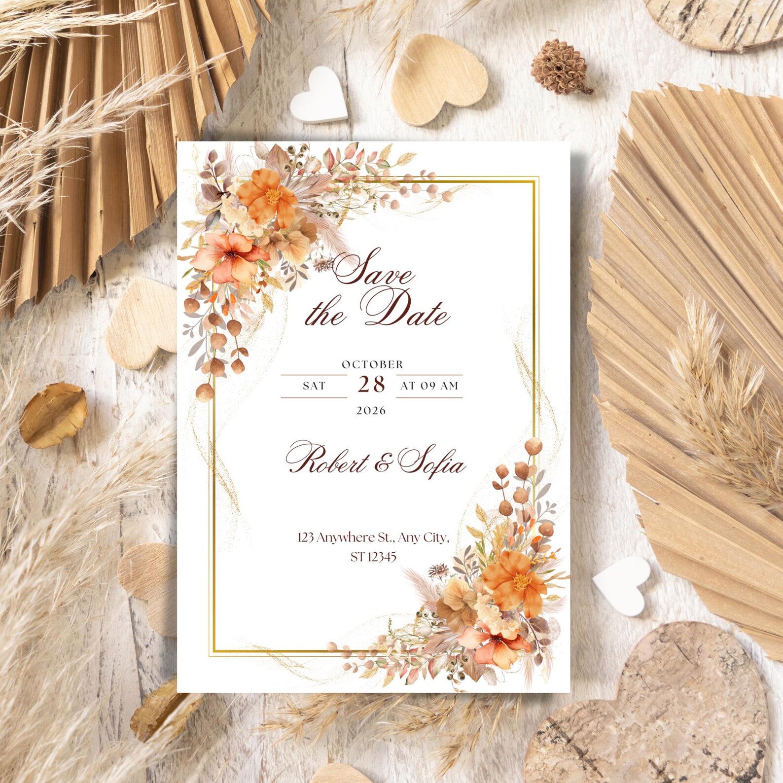 Fall Flowers and Gold Frame Clipart, Autumn Leaves Watercolor Border ...