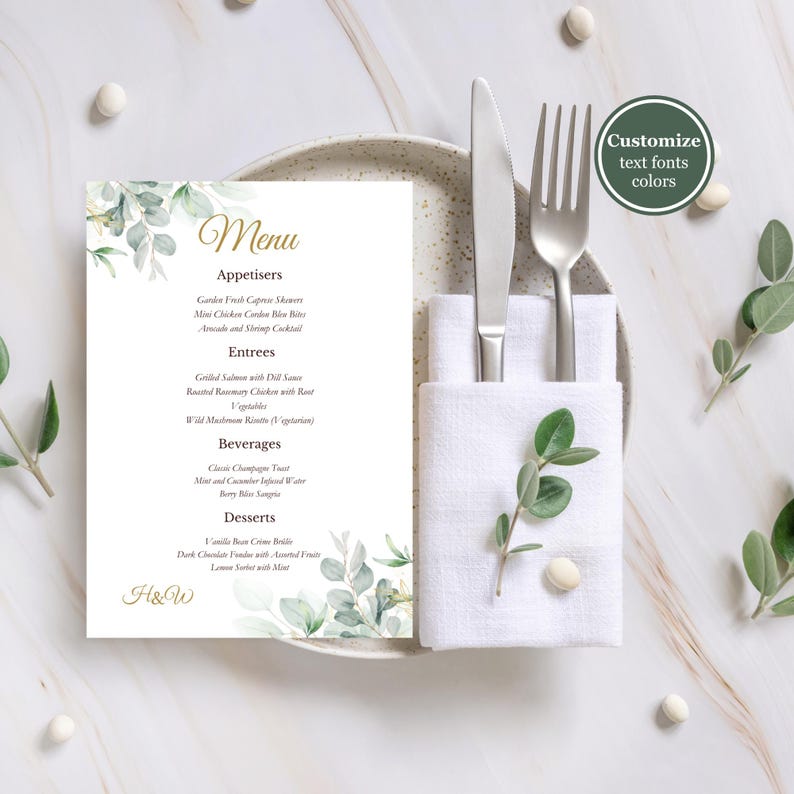 Greenery Wedding Menu Template, Printable Eucalyptus Table Menu Cards ...