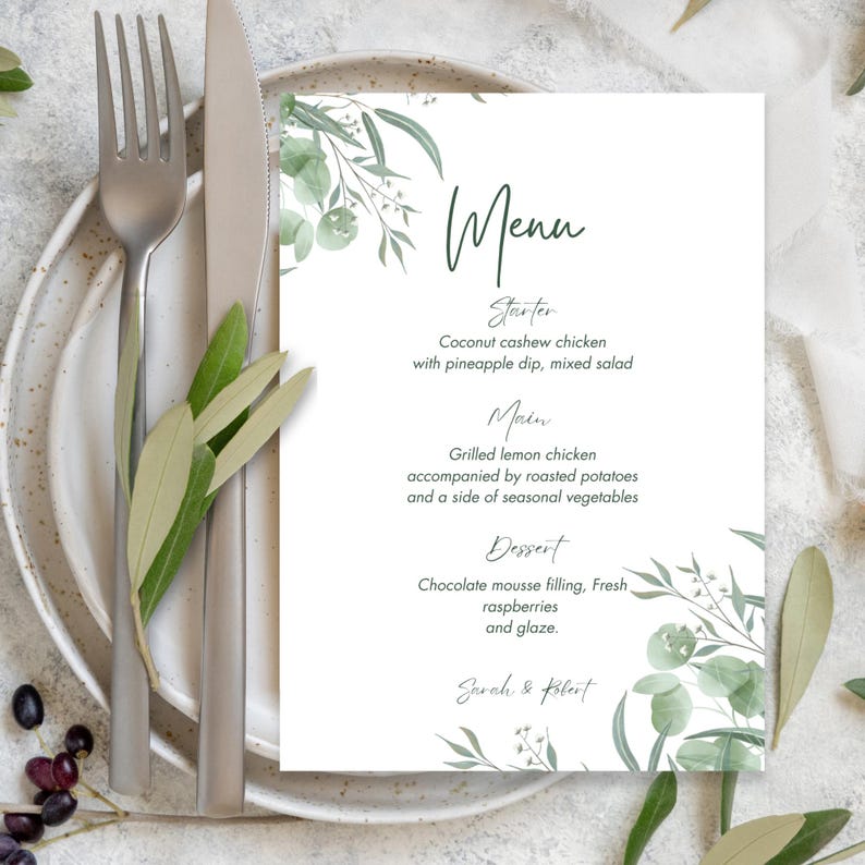 Greenery Wedding Menu Template, Printable Eucalyptus Table Menu Cards ...