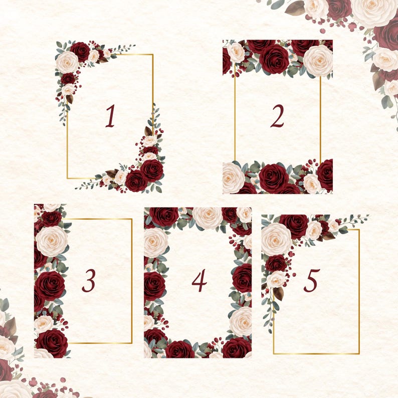 Burgundy and Cream Roses Clipart, Floral Gold Frame PNG, Watercolor ...