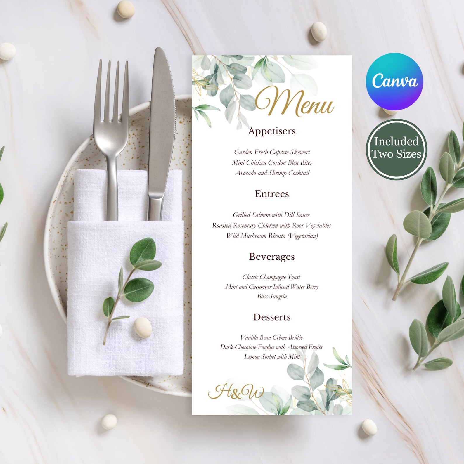 Greenery Wedding Menu Template, Printable Eucalyptus Table Menu Cards ...